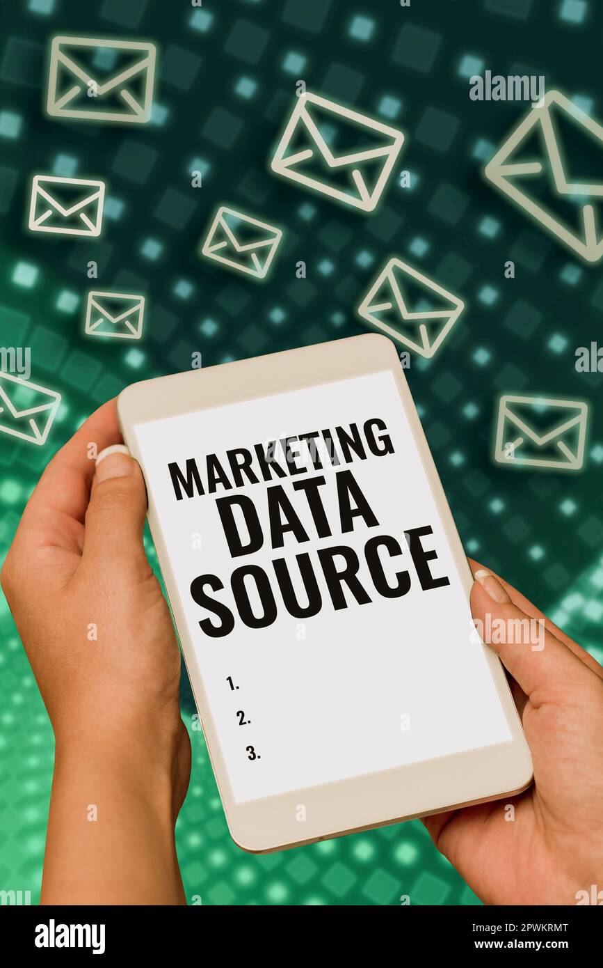 Handwriting text Marketing Data Source, Concept meaning connection set up to a database from a ...