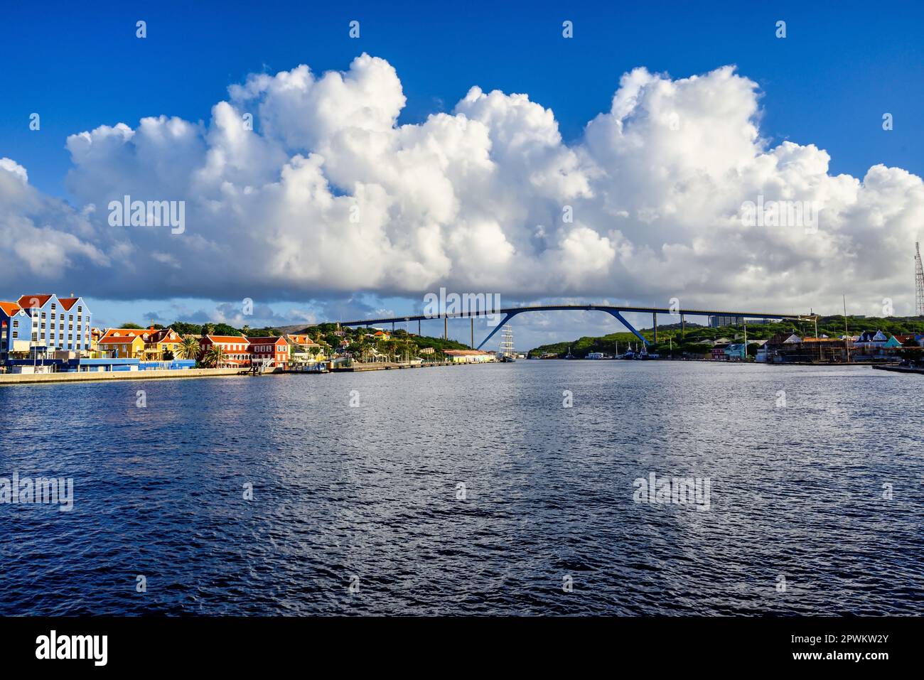 A view of the Queen Juliana Bridge in Willemstad on Curacao Stock Photo ...