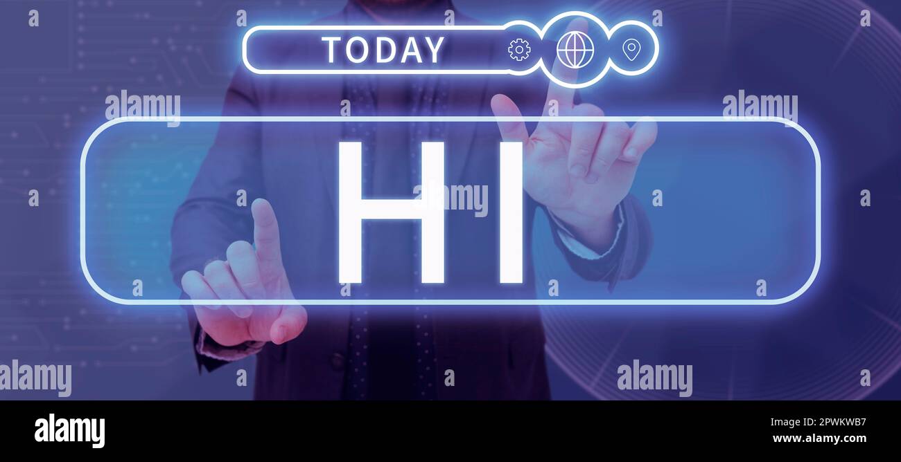 Hand writing sign Hi, Business idea used as a greeting or to begin a ...