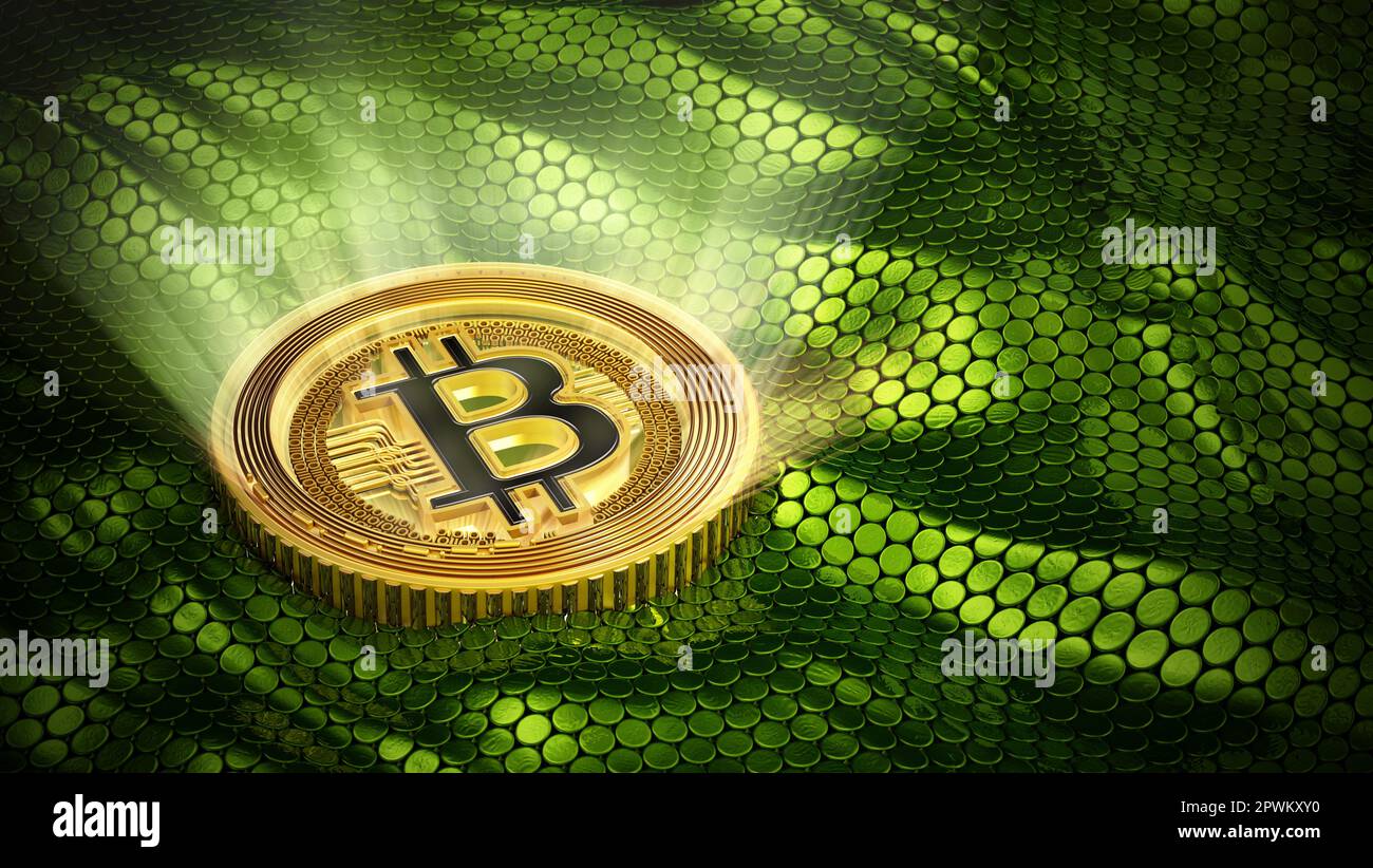Glowing generic Bitcoin standing on green background. 3D illustration ...