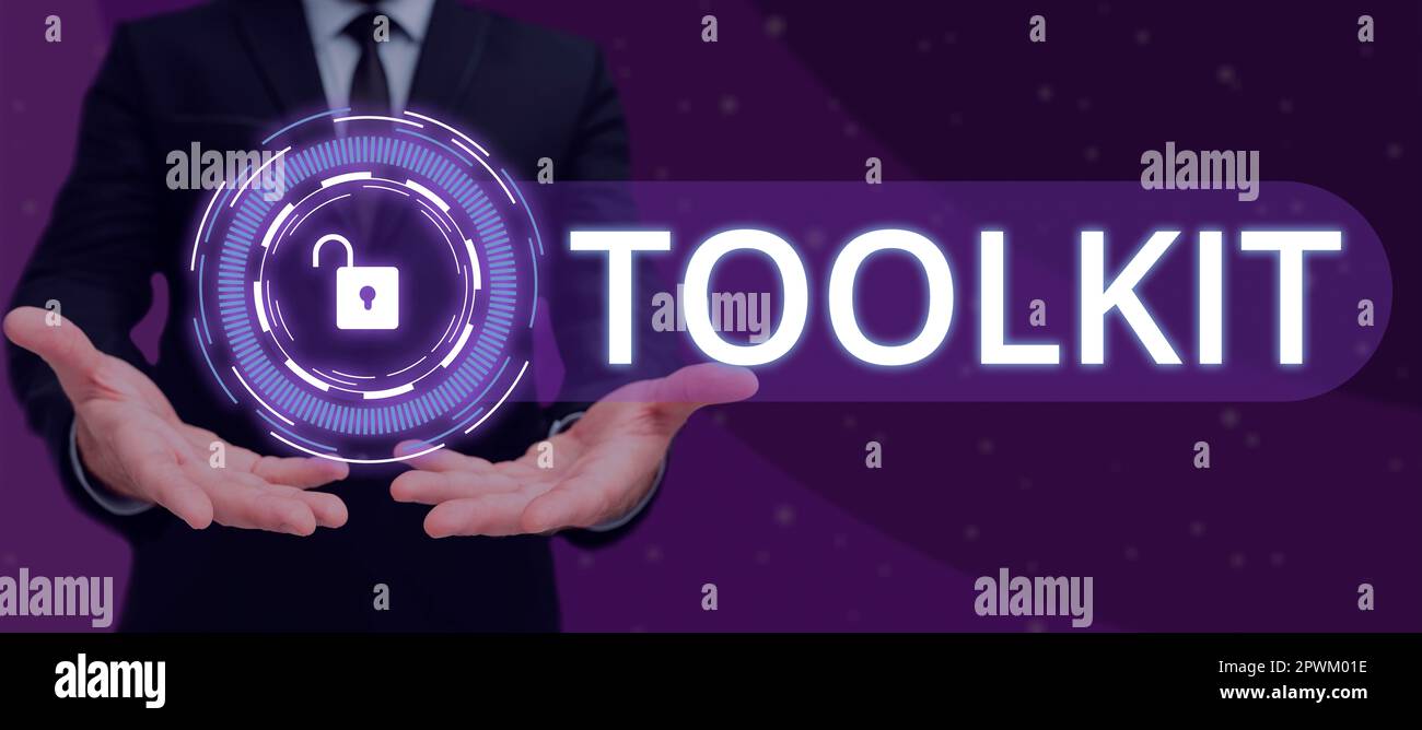 Sign displaying Toolkit, Word Written on set of tools kept in a bag or ...