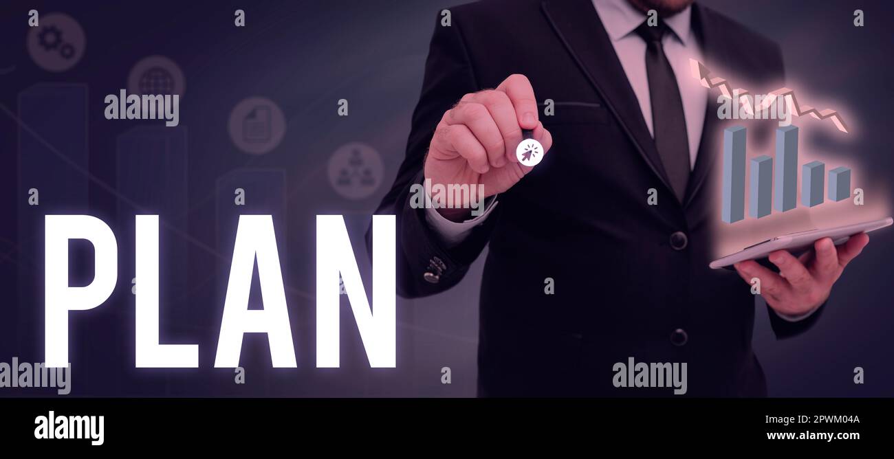 Text caption presenting Plan, Concept meaning Start of a detailed ...