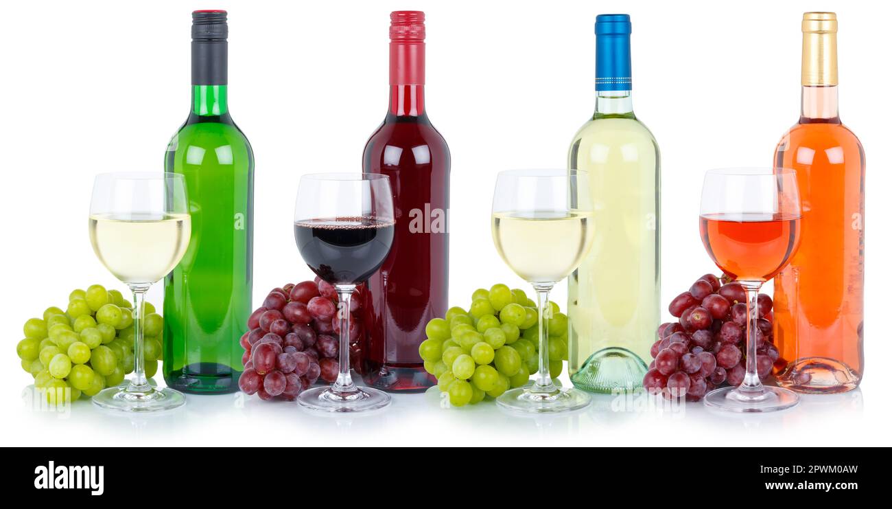 Wines wine tasting collection bottle alcohol grapes isolated on a white ...