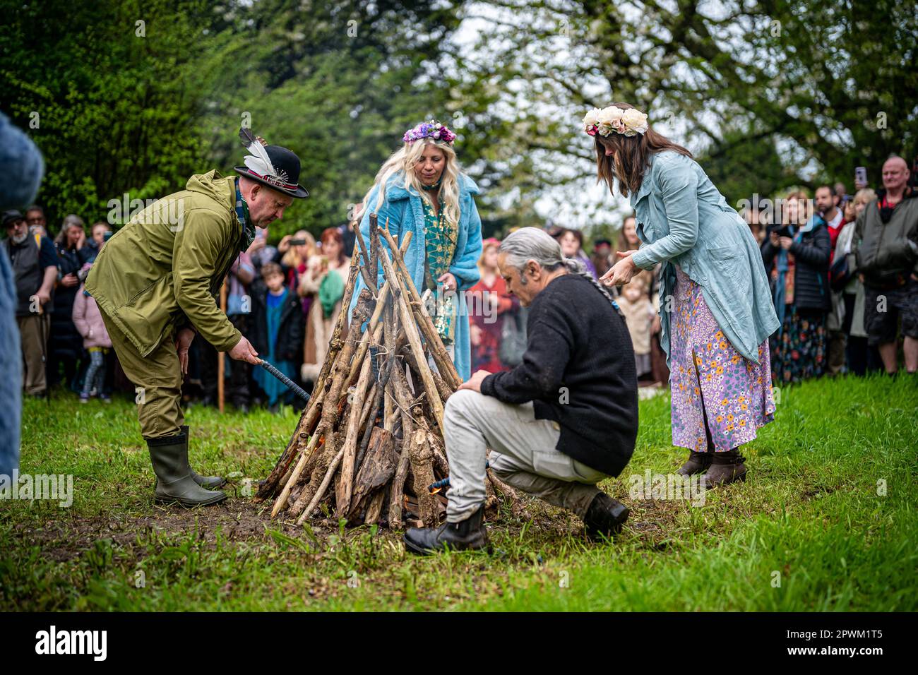 The Beltane bonfire is lit during the ceremony at Chalice Well ...