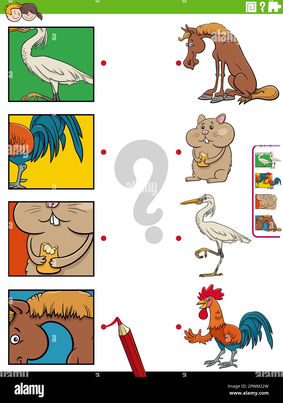 Cartoon illustration of educational matching game with animal ...