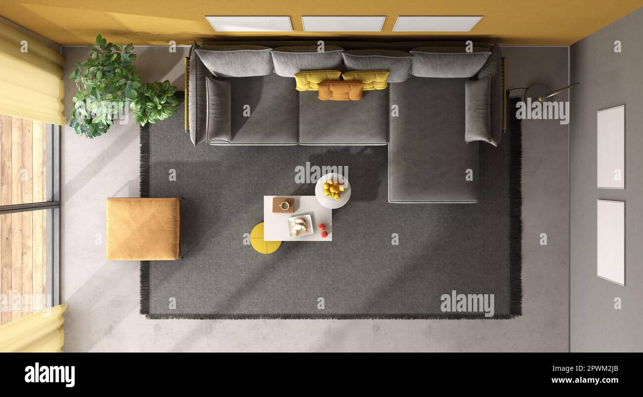 high angle view of a modern living room with gray sofa and orange wall ...
