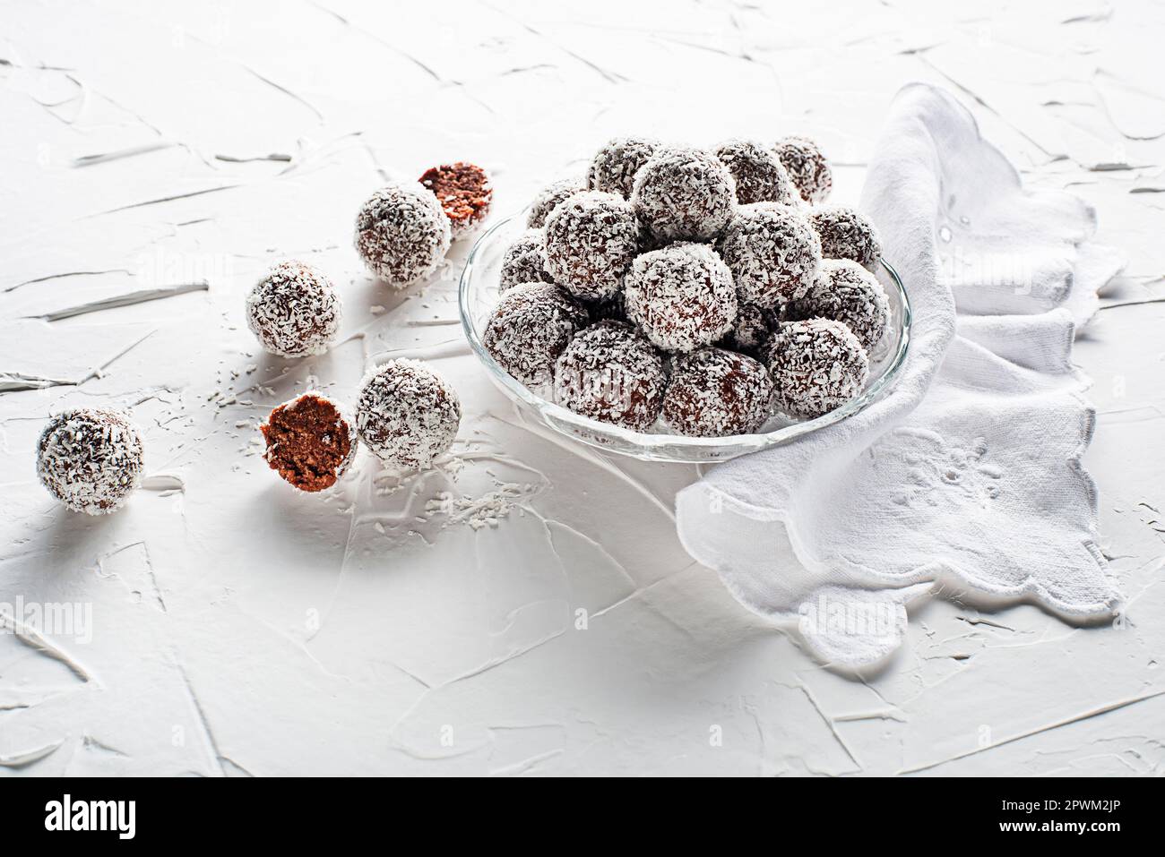 Delicious Coconut-Chocolate balls covered with grated coconut. Soft ...