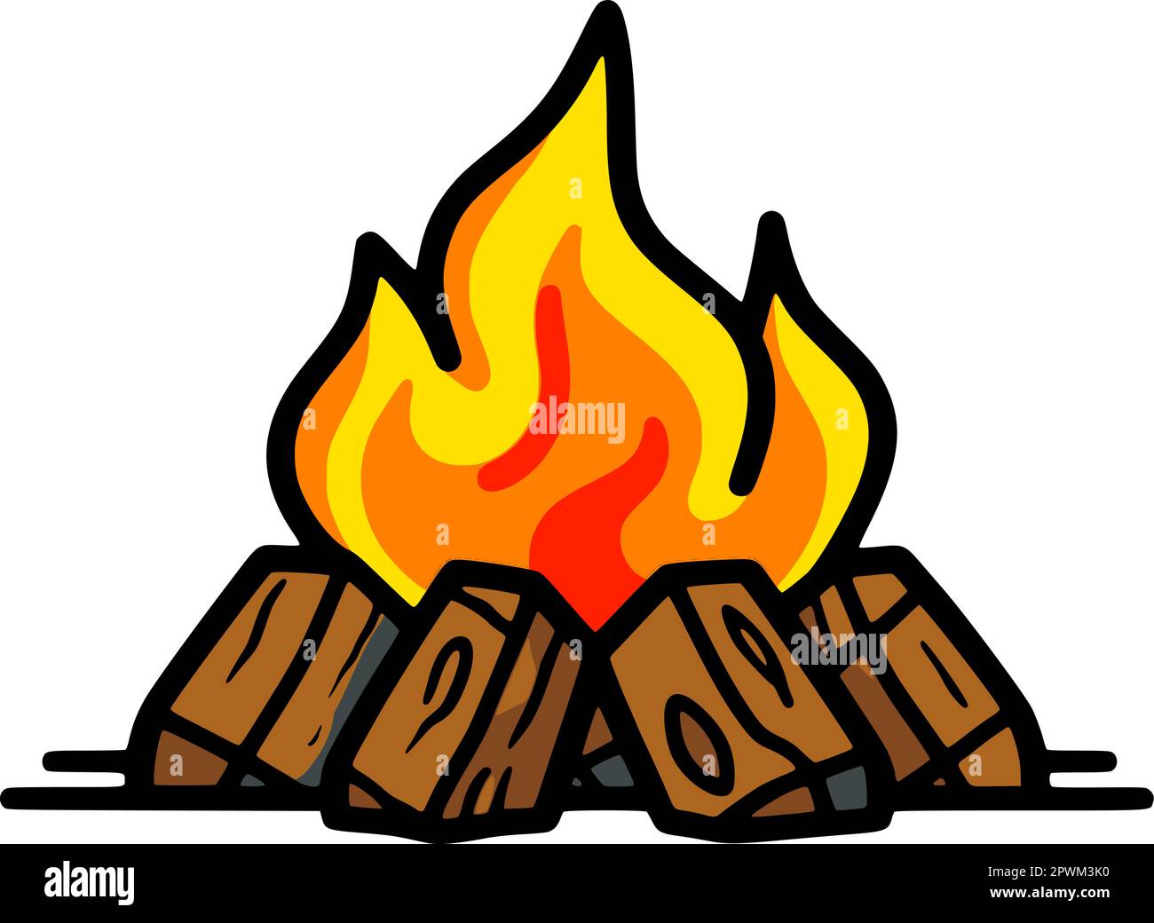 Campfire sign or icon with yellow fire and woog logs. Camping bonfire ...