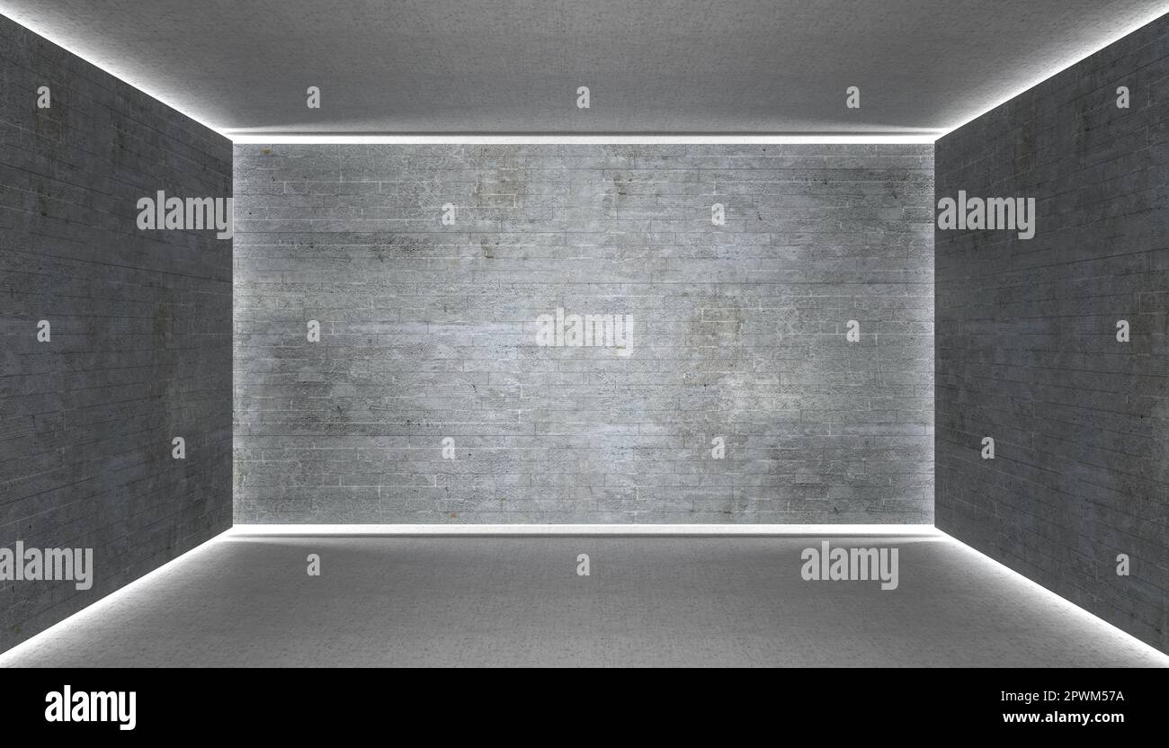 interior with reinforced concrete walls and lights on the corners. 3d ...