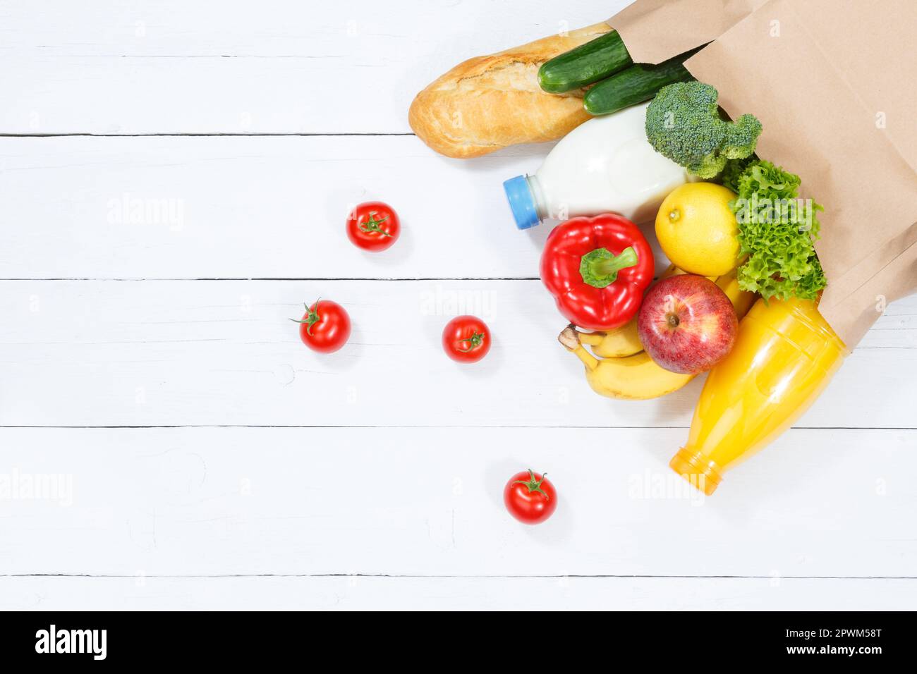 Purchase food purchases fruits and vegetables paper bag wooden board ...
