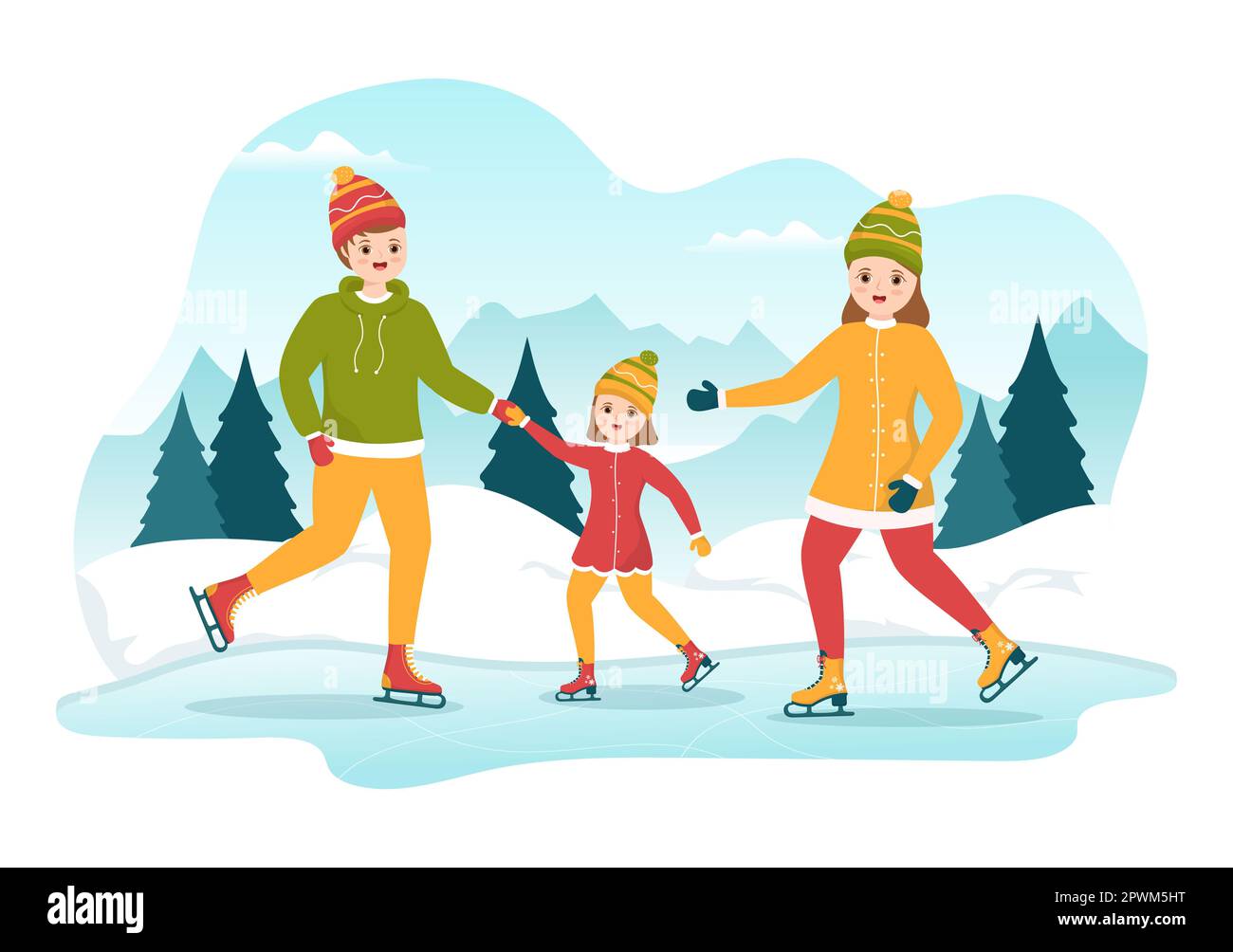 Men, Women and Kids Skating on Ice Rink Wearing Winter Clothes for ...