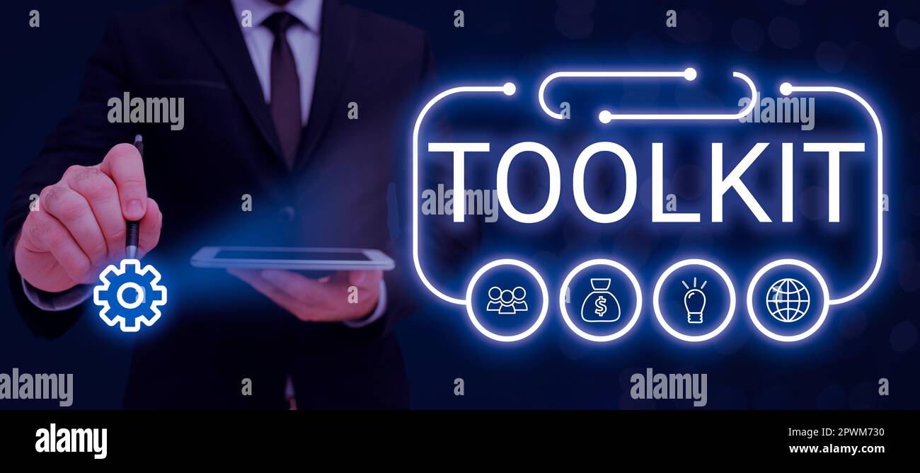 Text caption presenting Toolkit, Internet Concept set of tools kept in ...