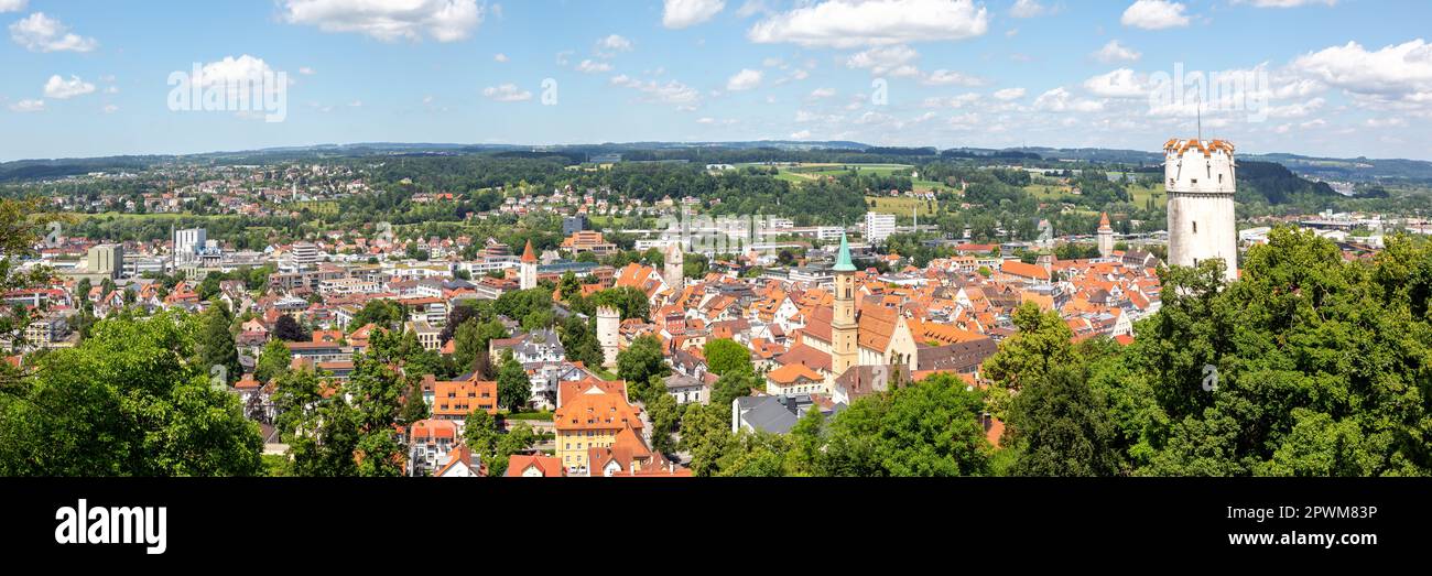 View of Ravensburg city from above top view with Mehlsack Turm tower ...