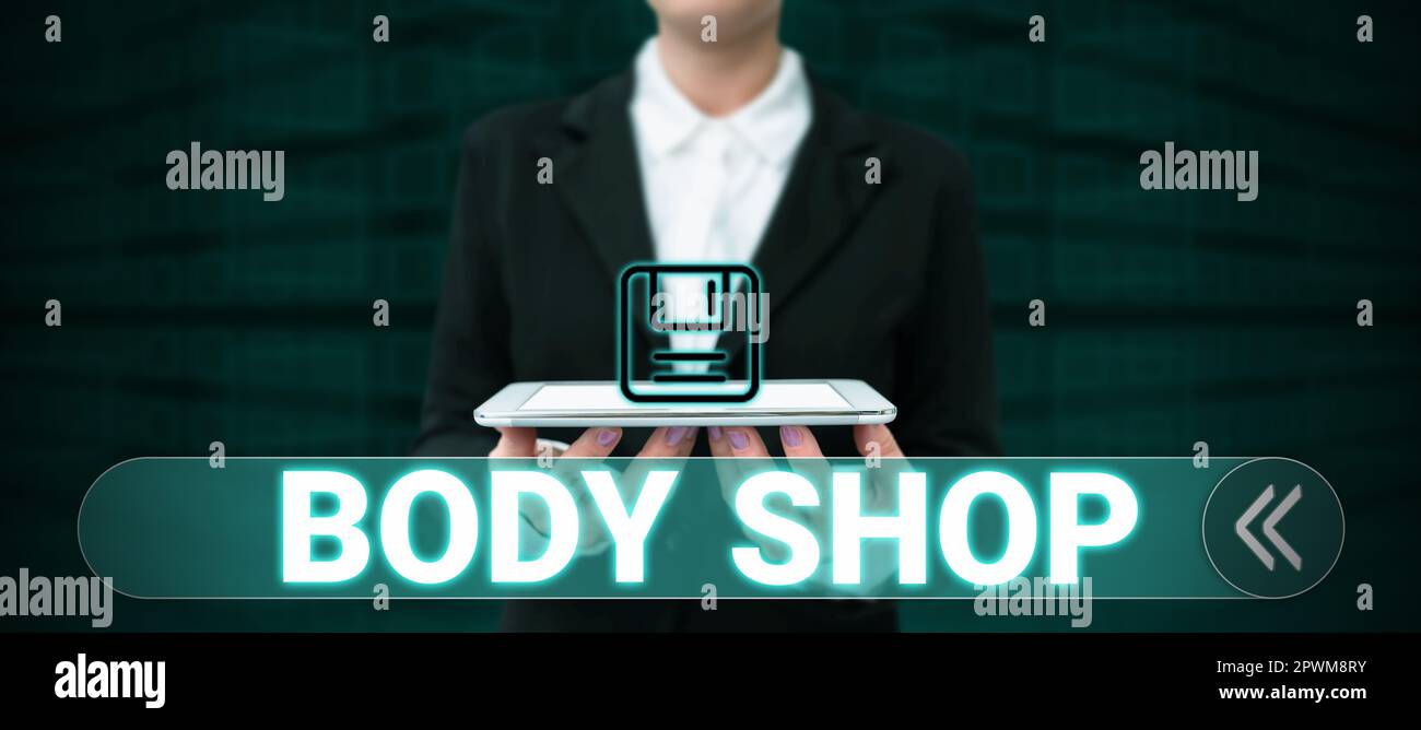 Hand writing sign Body Shop, Business showcase a shop where automotive ...