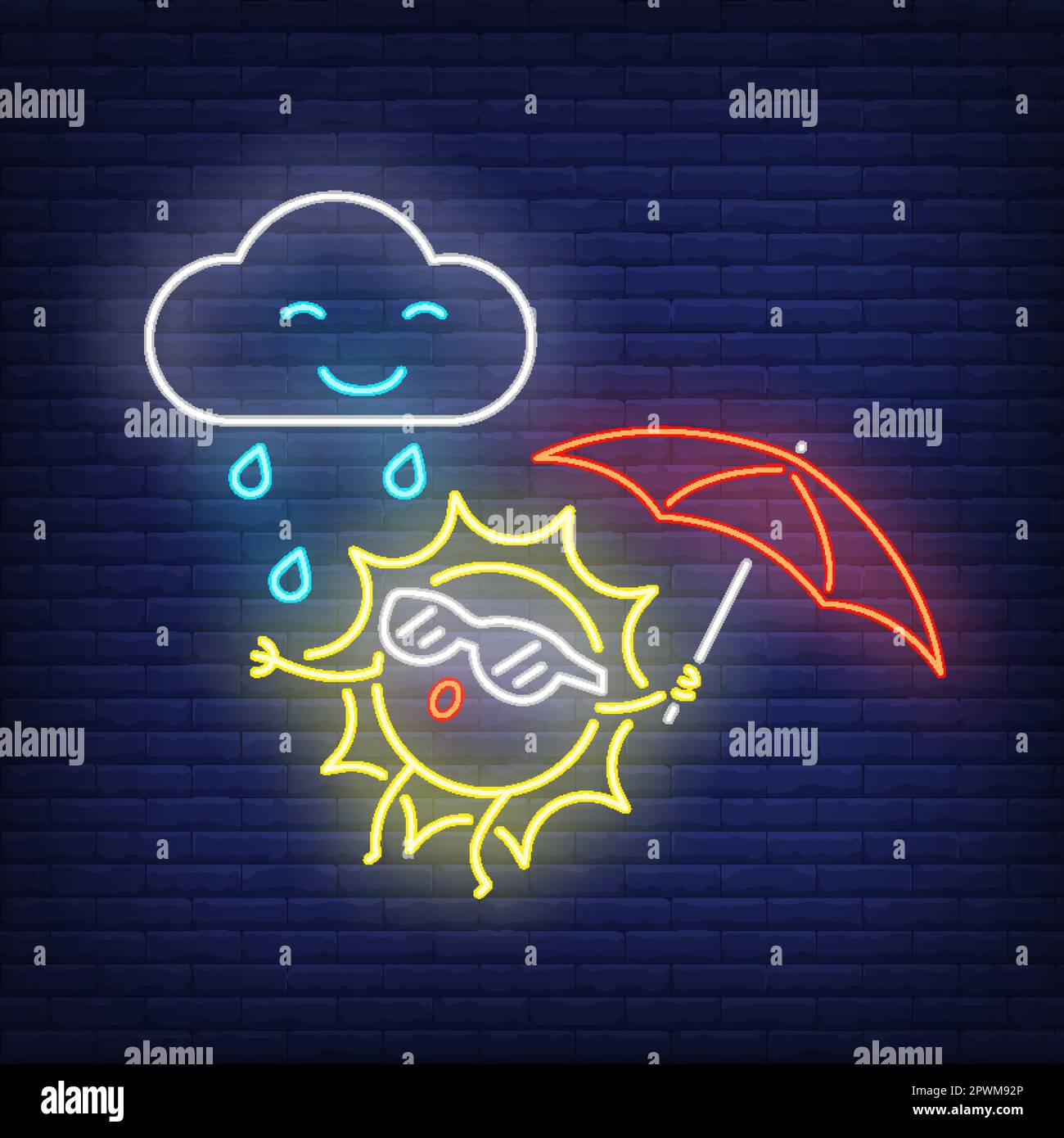 Cartoon sun with umbrella and rain neon sign Stock Vector Image & Art ...
