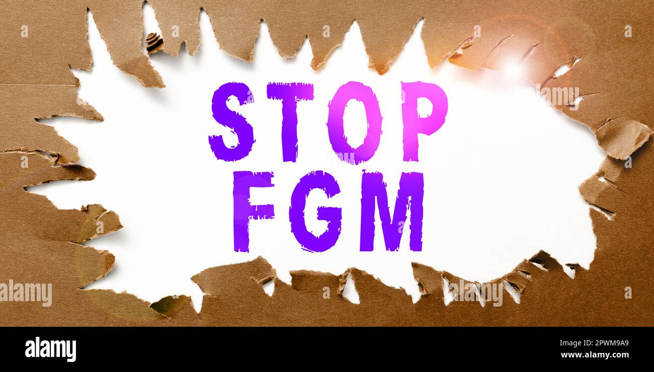 Text showing inspiration Stop Fgm, Conceptual photo Put an end on ...