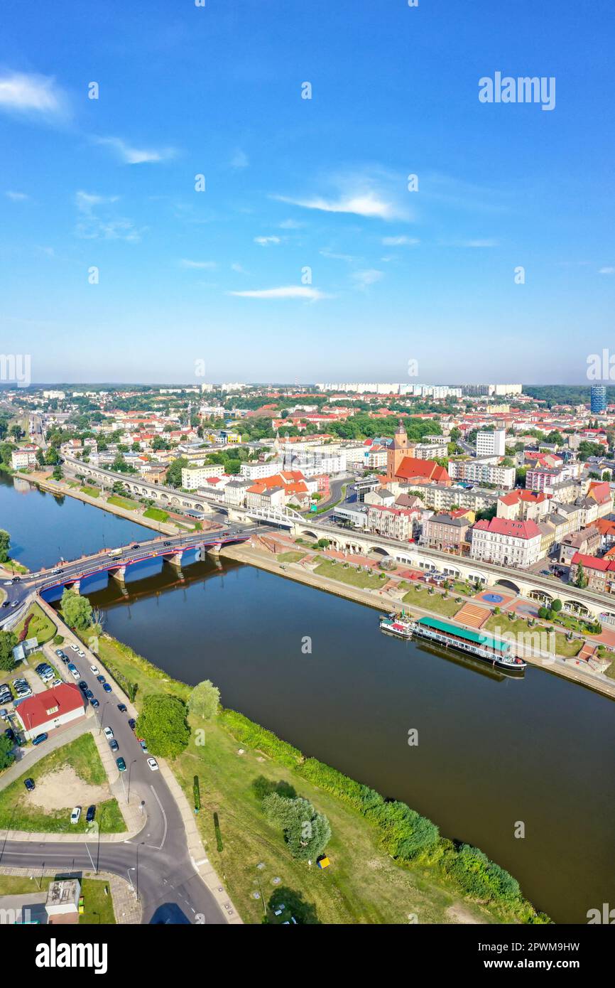 Aerial view of Gorzów Wielkopolski portrait format town city at river ...