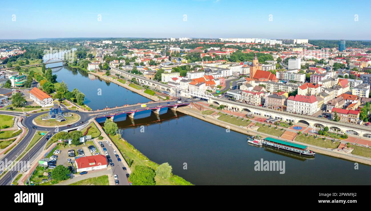 Aerial view of Gorzów Wielkopolski town city panorama at river Warta ...
