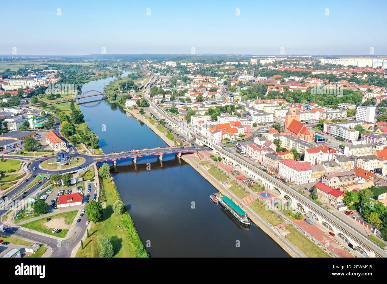 Aerial view of Gorzów Wielkopolski town city at river Warta travel in ...