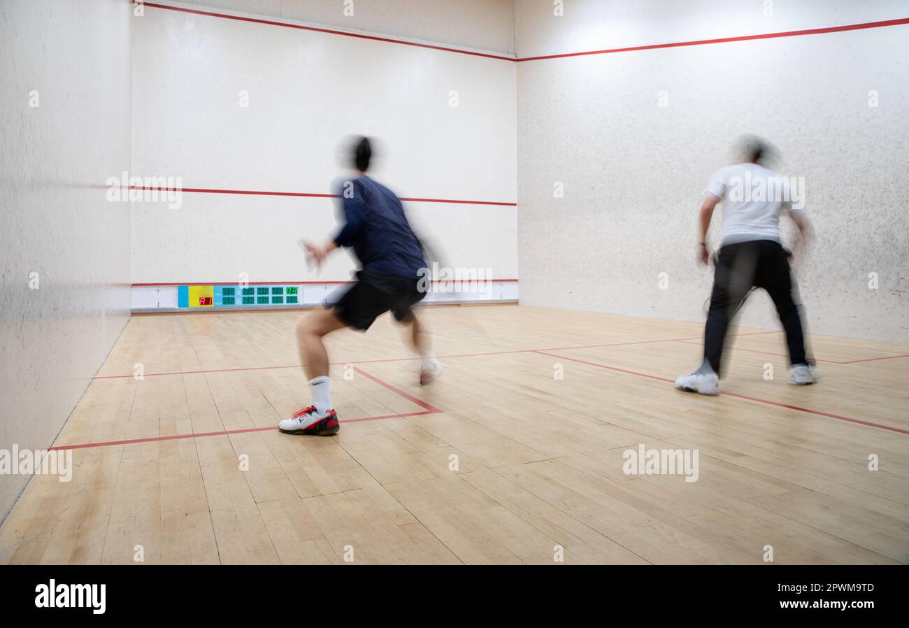 Squash players in action on a squash court (motion blurred image; color ...