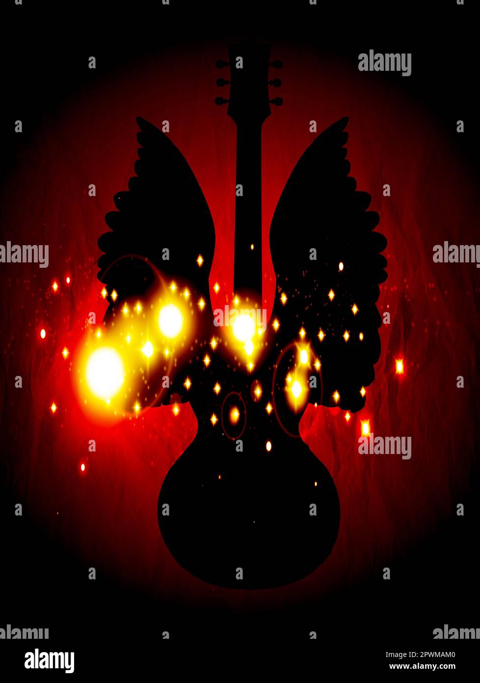 Silhouette of a guitar with raised angel wings with sparkles and flames ...