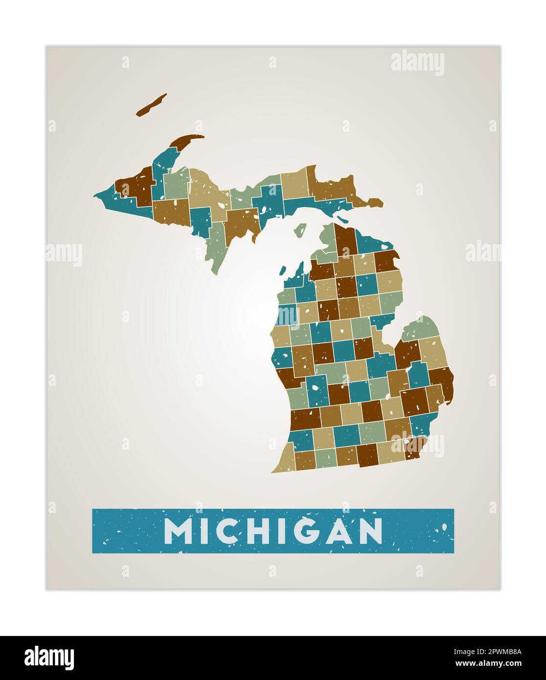 Michigan map. US state poster with regions. Old grunge texture. Shape ...