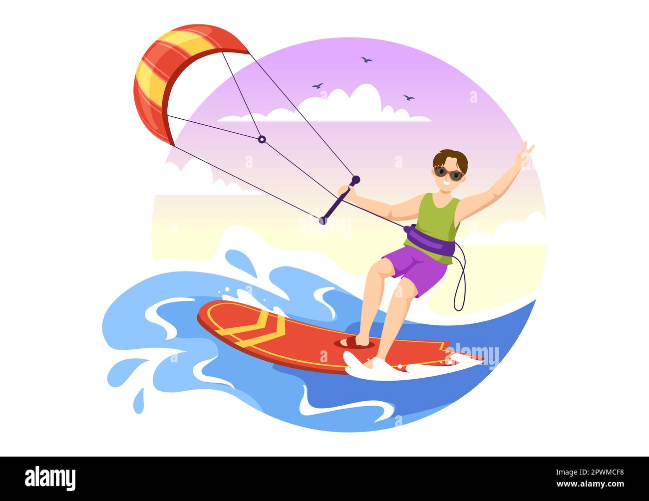 Kitesurfing Illustration with Kite Surfer Standing on Kiteboard in the ...