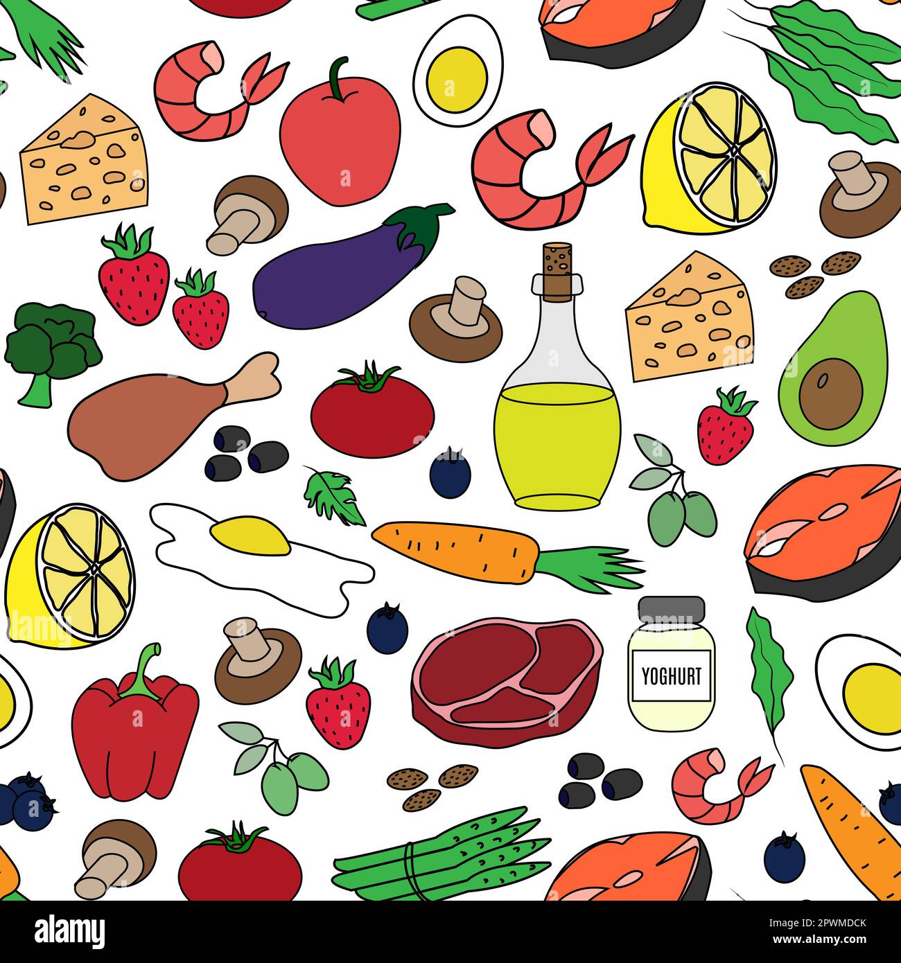 Ketogenic diet. Big set seamless pattern on white background. Vector ...
