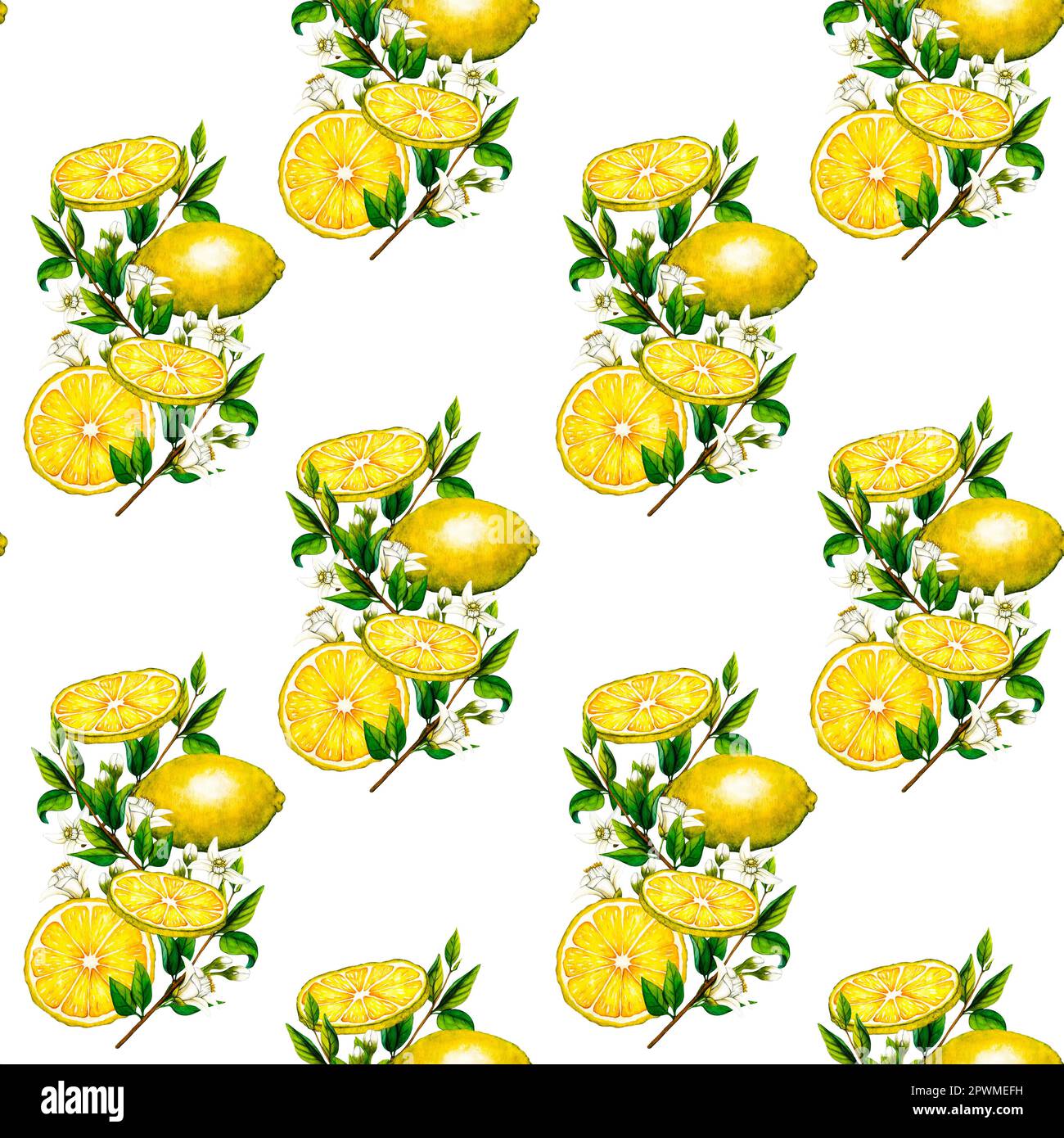 Watercolor seamless pattern with botanical illlustration of lemon tree ...