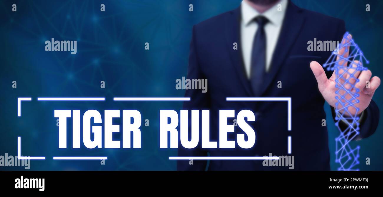 Sign displaying Tiger Rules, Business overview Willpower and personal ...