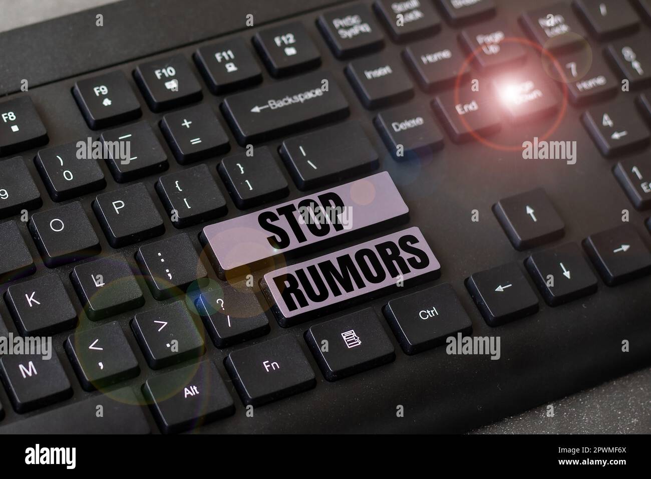 Hand writing sign Stop Rumors, Business overview put an end circulating ...