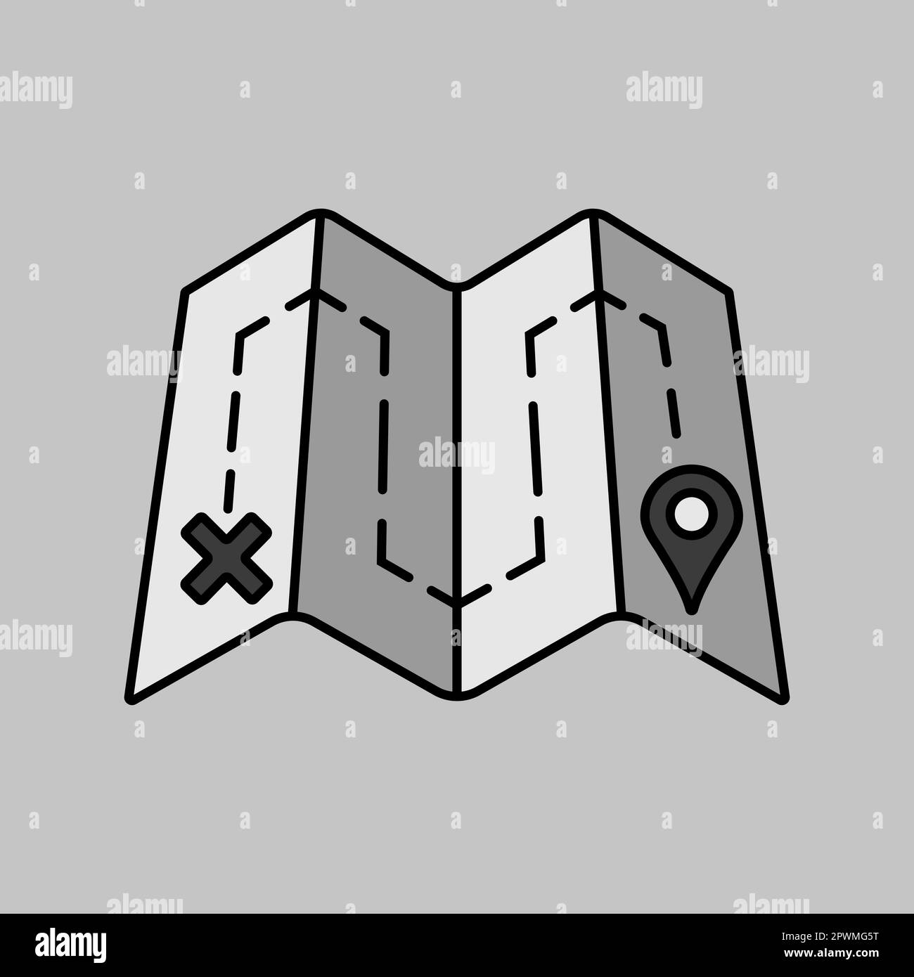 Map with route vector isolated grayscale icon. Navigation sign. Graph ... Map with route vector isolated grayscale icon. Navigation sign. Graph ...