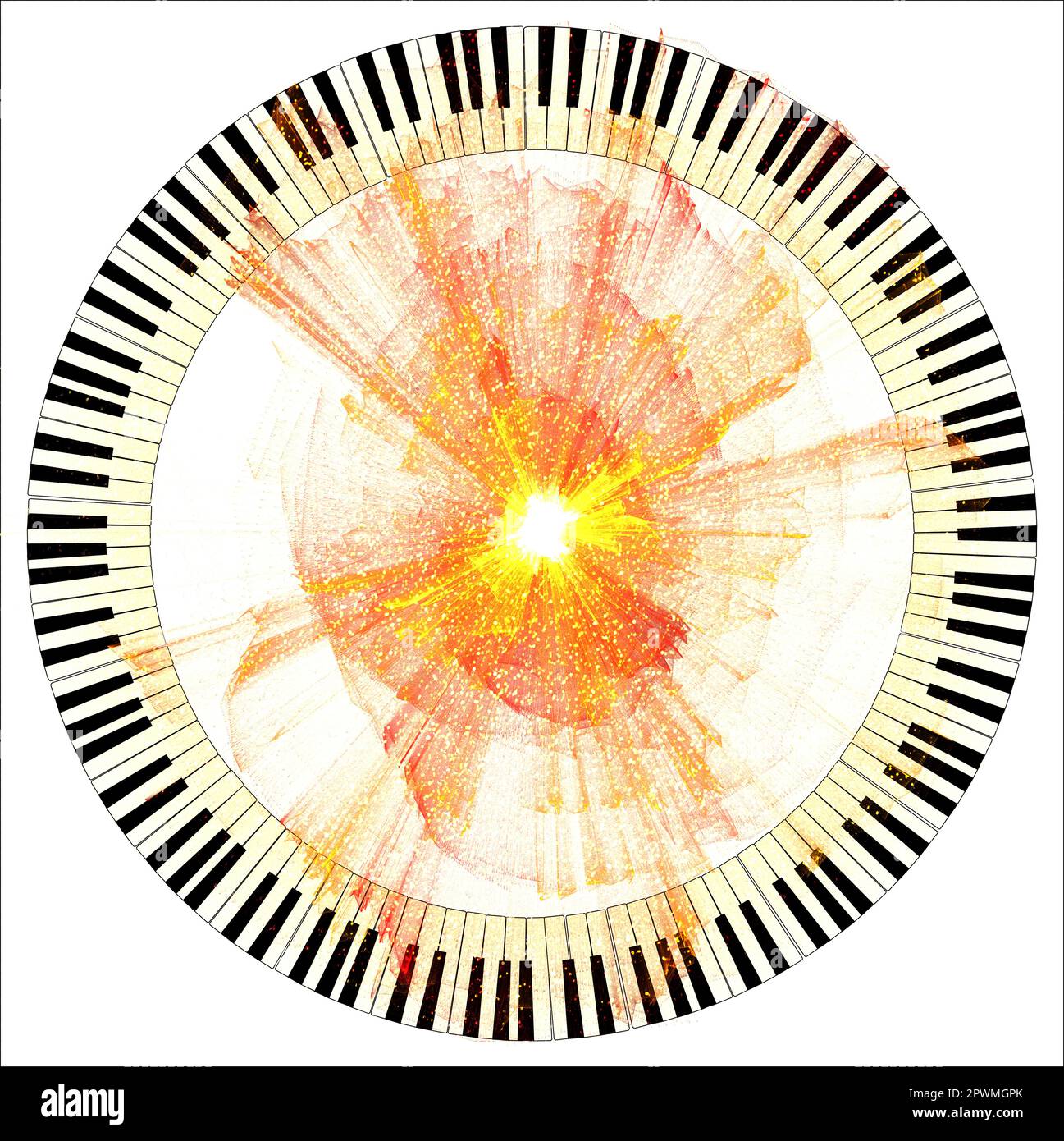 Black and white piano keys with a tint of age formed into a circle with ...