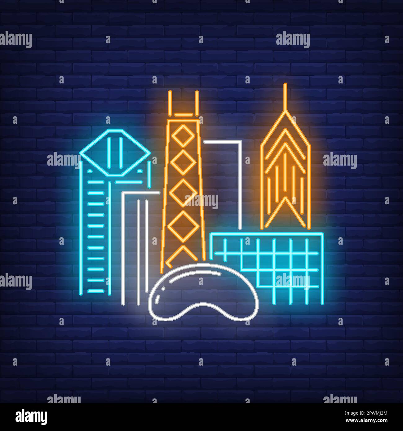 Chicago city buildings and Cloud Gate neon sign Stock Vector Image & Art - Alamy