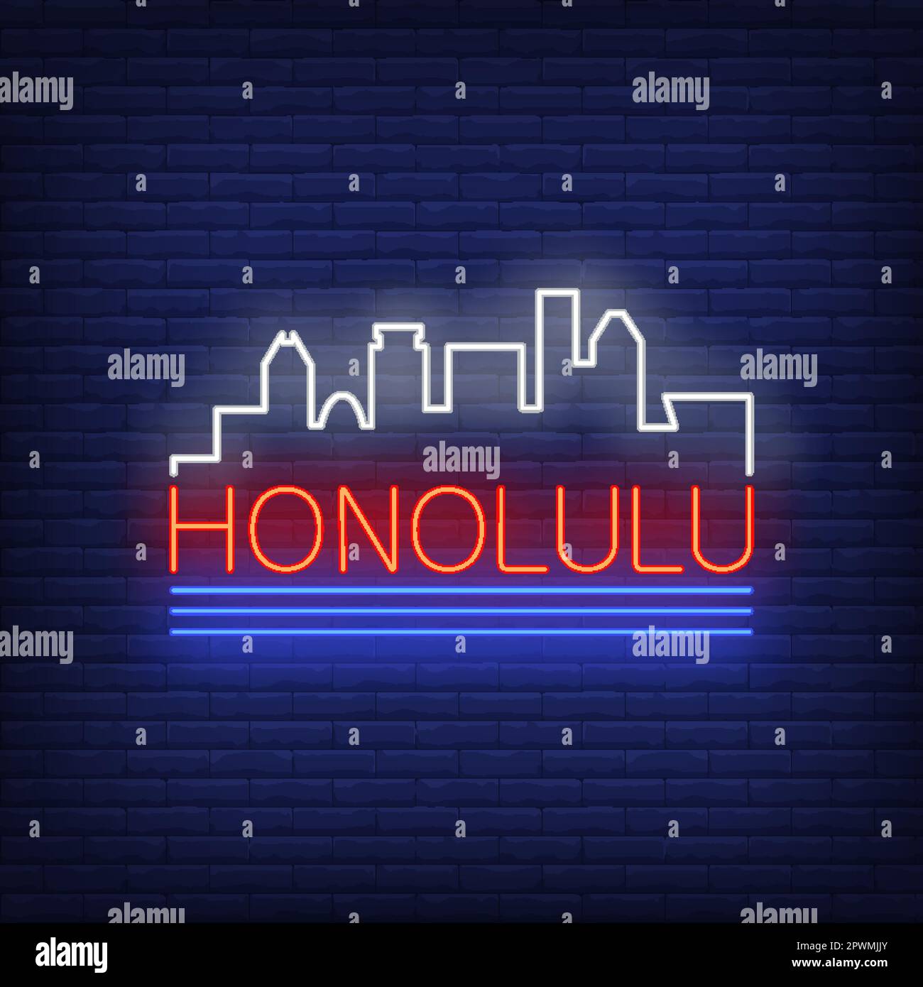 Honolulu neon lettering and city buildings silhouette Stock Vector ...