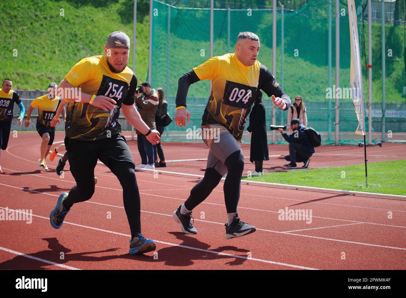 Lviv, Ukraine 29 April 2023. Ukrainian athletes compete in relay race ...