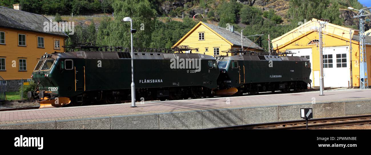Train at the railway station in the town of Flam, where the famous Flam ...