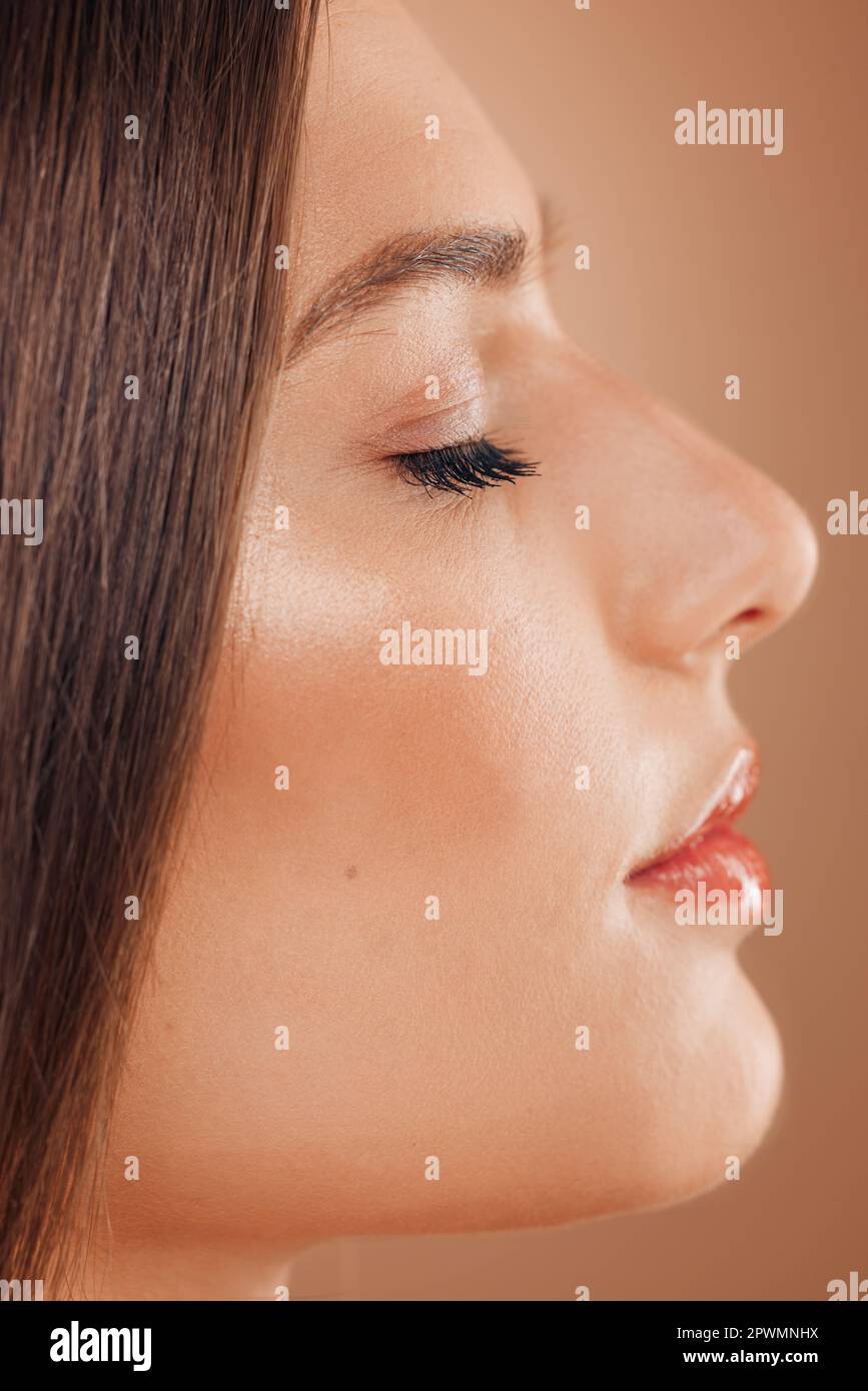 Woman, skincare beauty and face profile in studio for cosmetics makeup ...