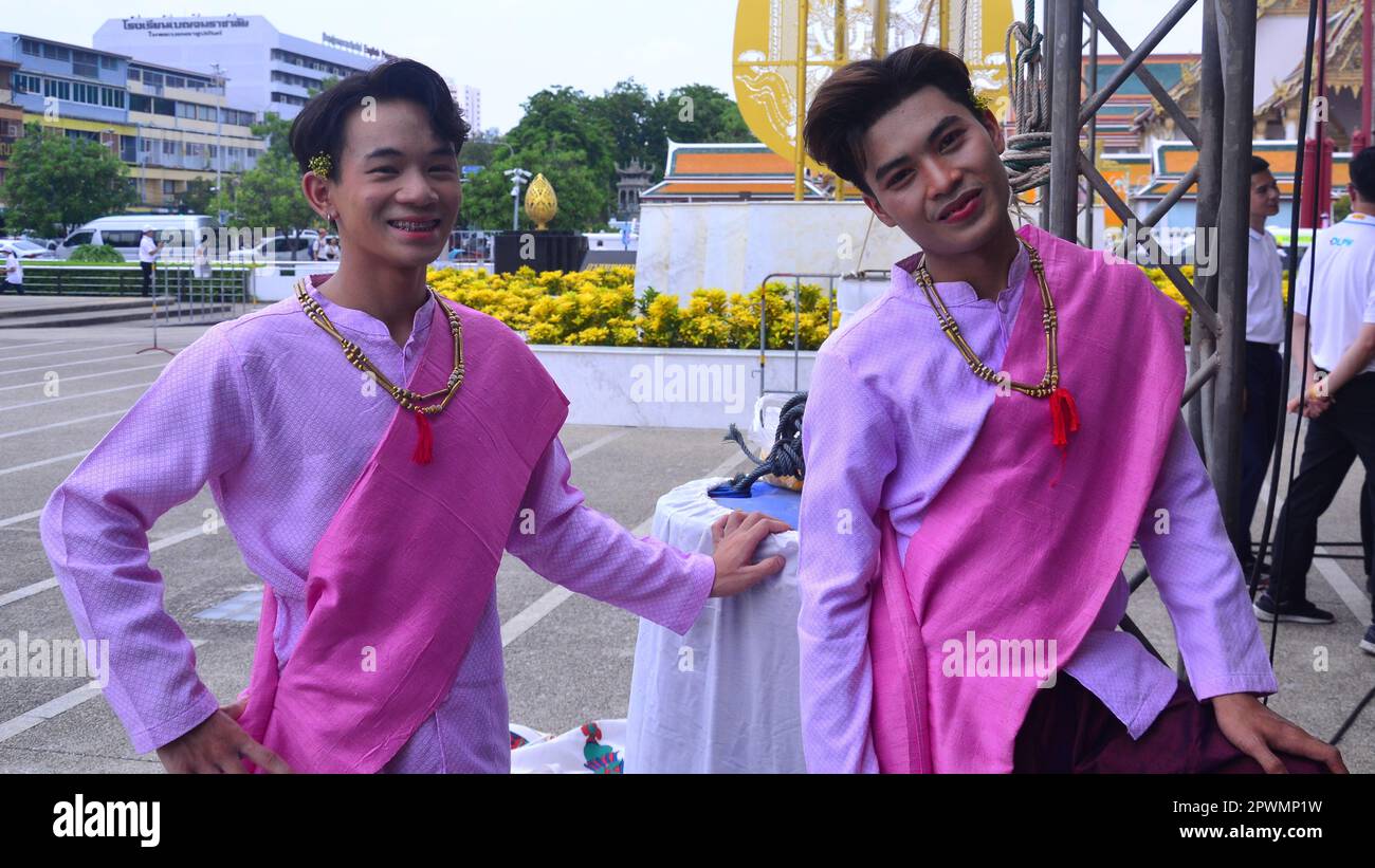 Handsome teenage boy dancers in traditional Thai dress or costume who ...