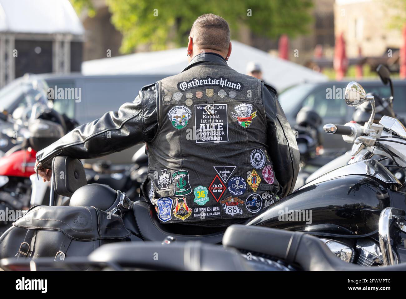 Erfurt, Germany. 01st May, 2023. Motorcyclists stand ready with their ...