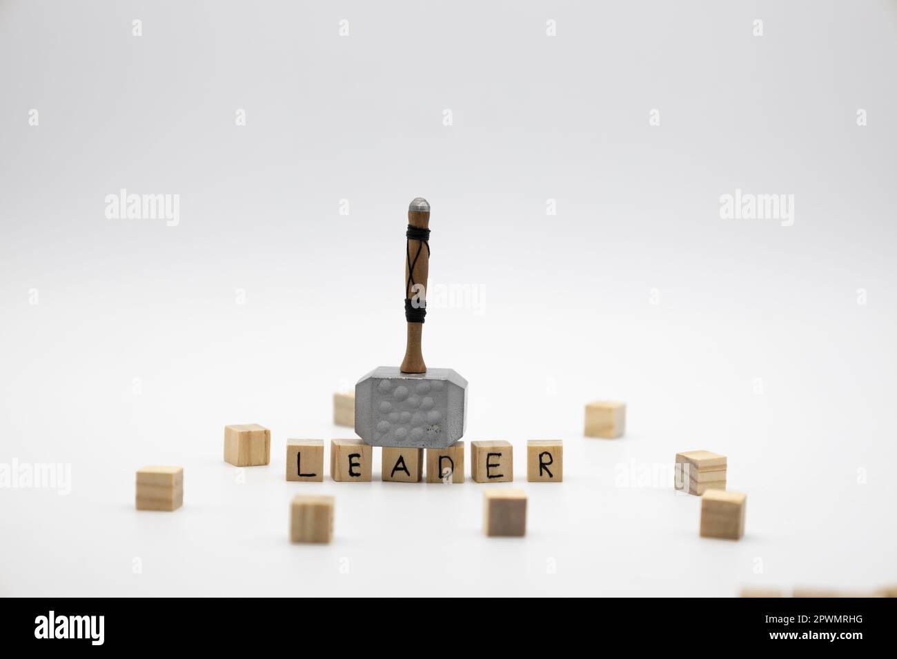 The hammer is standing on the wooden cubes with the word LEADER against ...