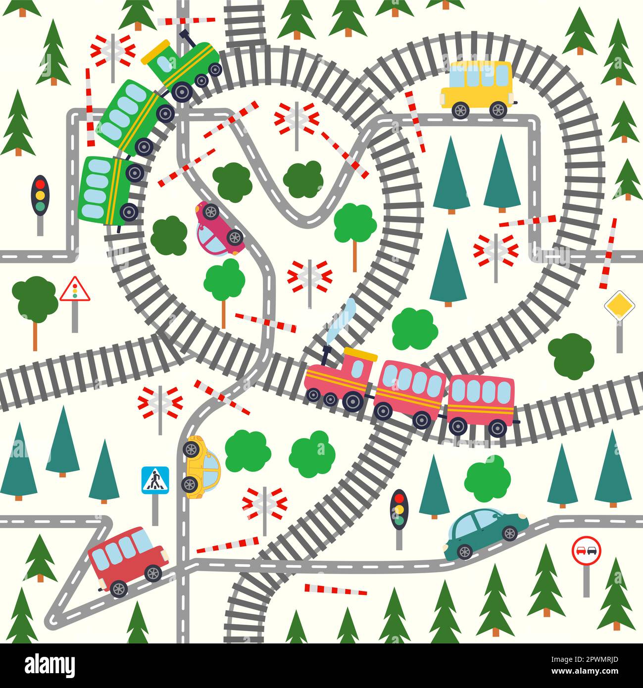 Detailed children's map of the city. Cars, buses and trains, houses and ...