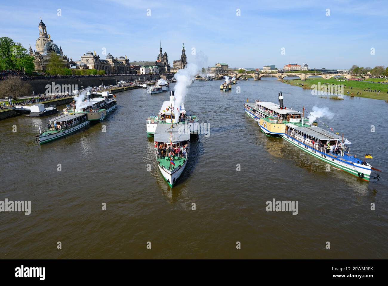 Dresden, Germany. 01st May, 2023. With the signal of their steam sirens ...