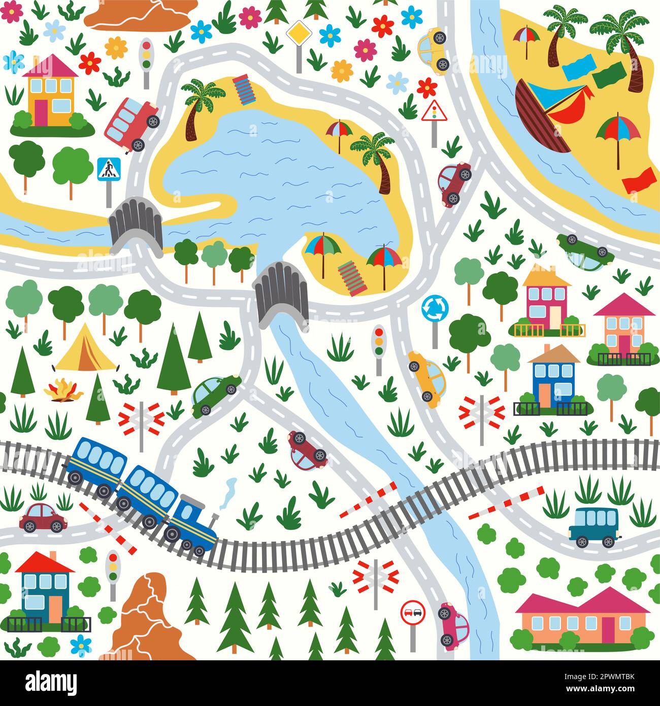Detailed children's map of the city. Cars, buses and trains, houses and ...