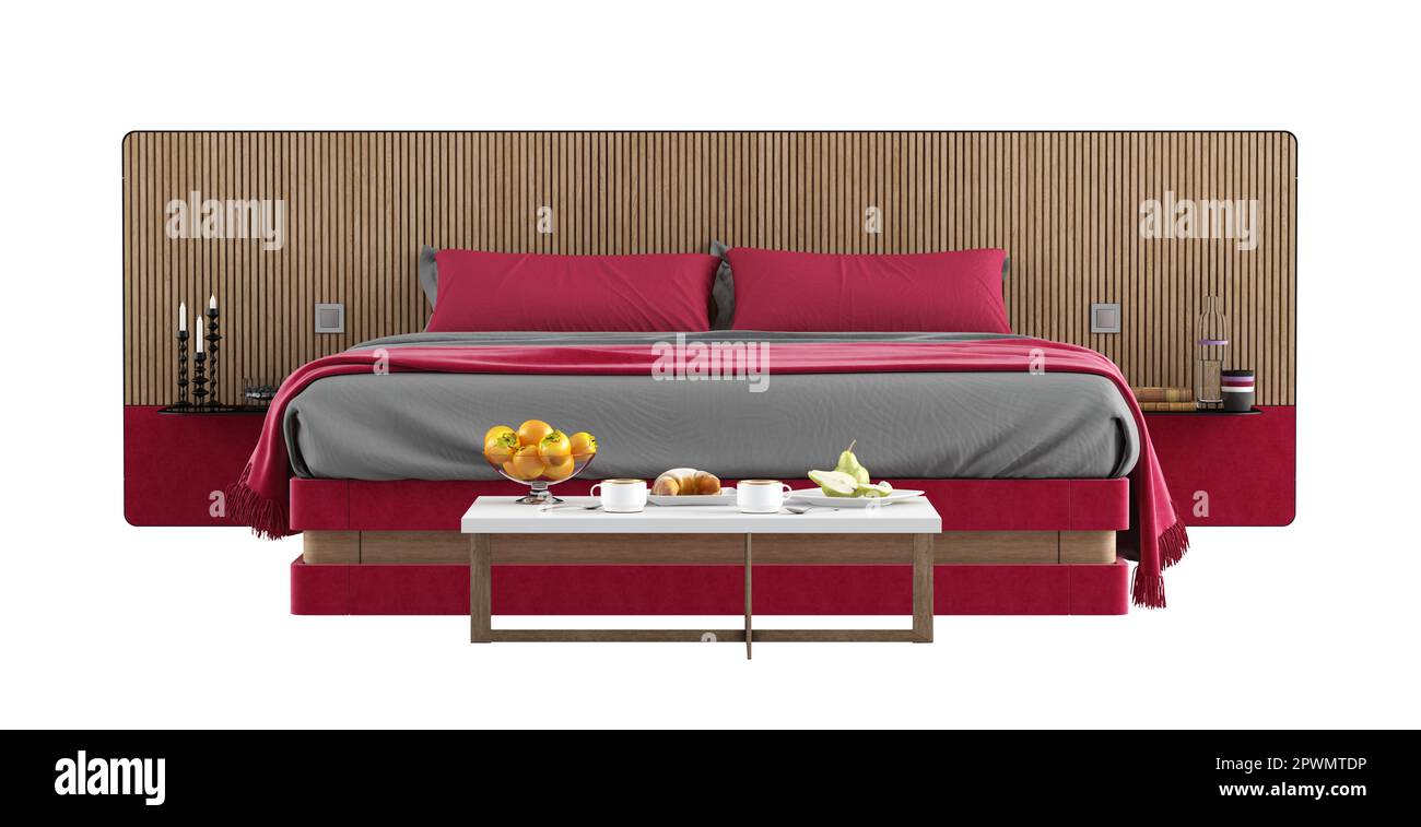 Modern double bed vith wooden headboard and coffee table isolated on ...