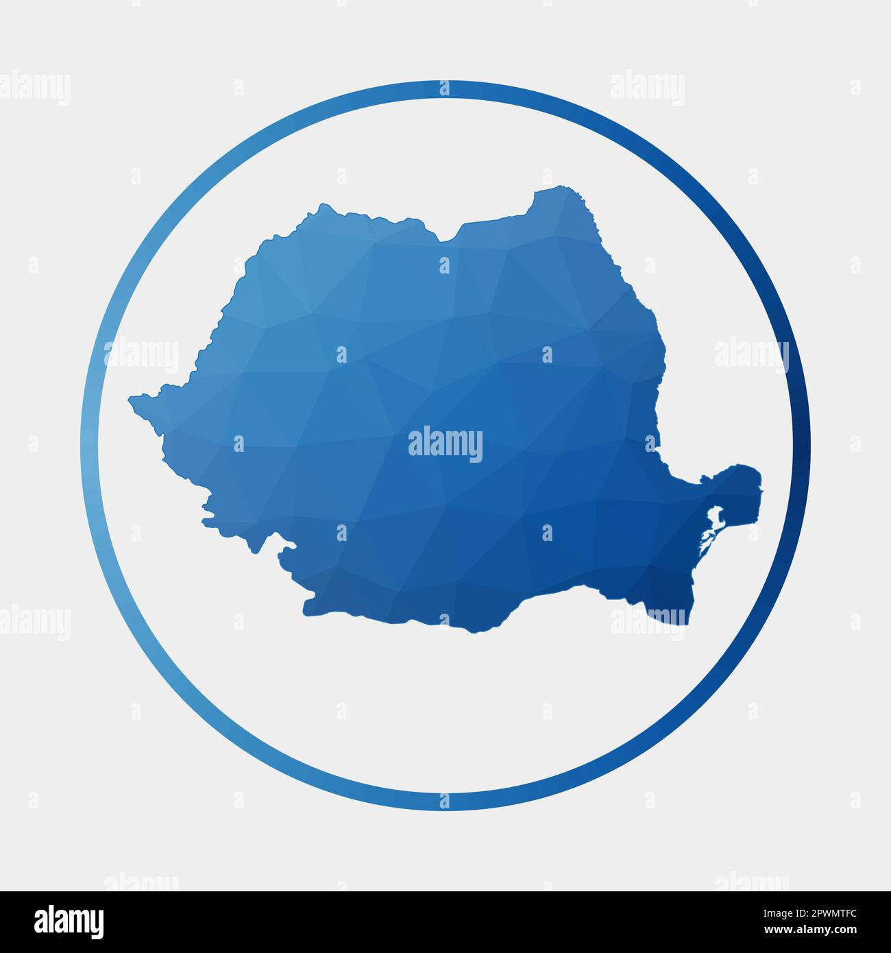 Romania icon. Polygonal map of the country in gradient ring. Round low ...