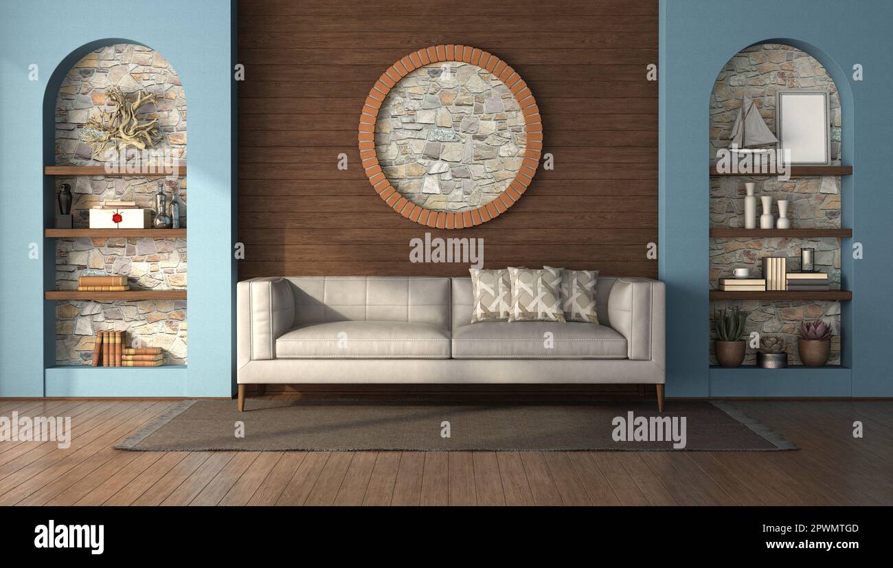 Rustic style living room with modern sofa, niches with stone background ...