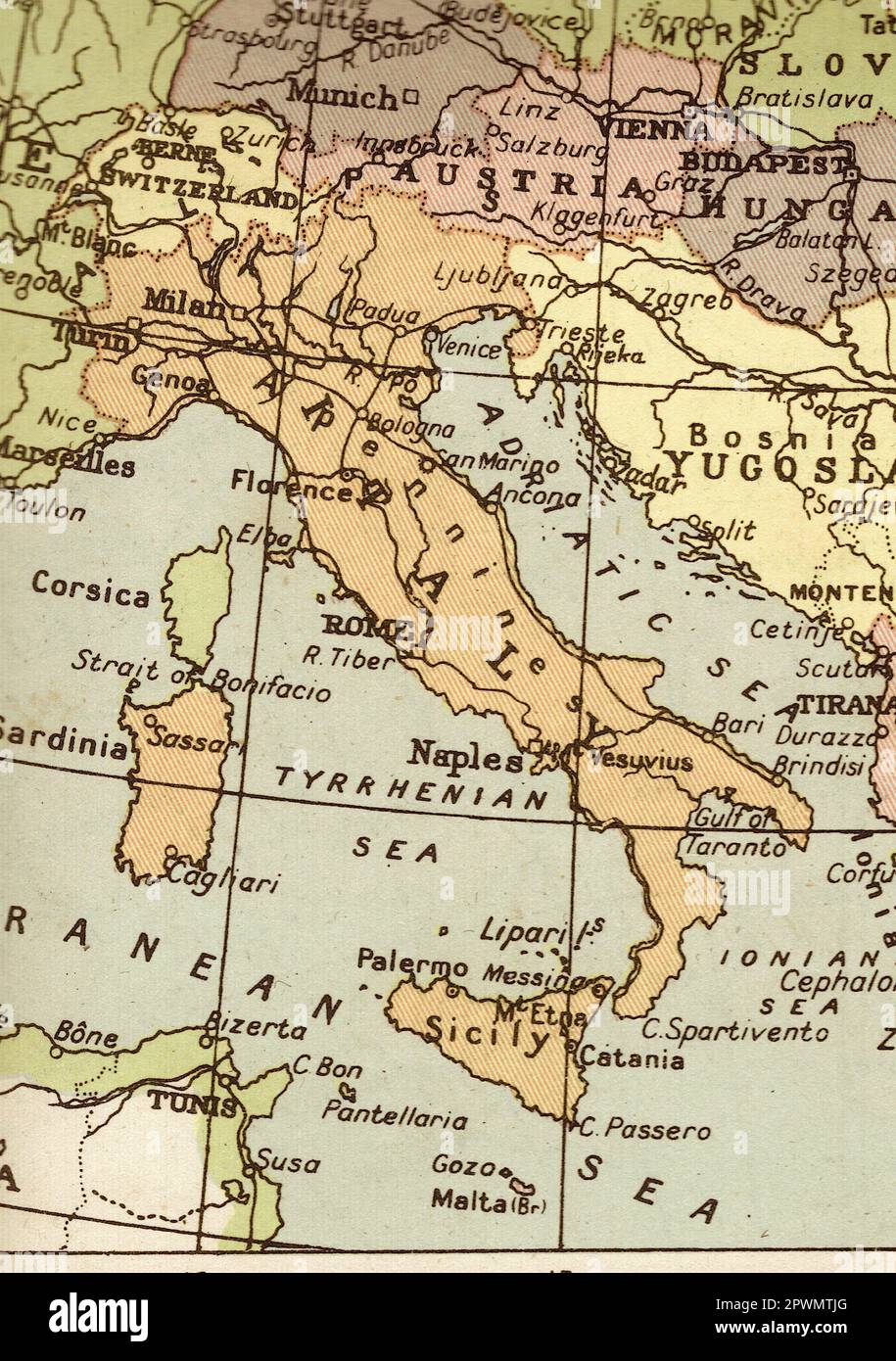 A vintage sepia coloured map of Italy Stock Photo - Alamy