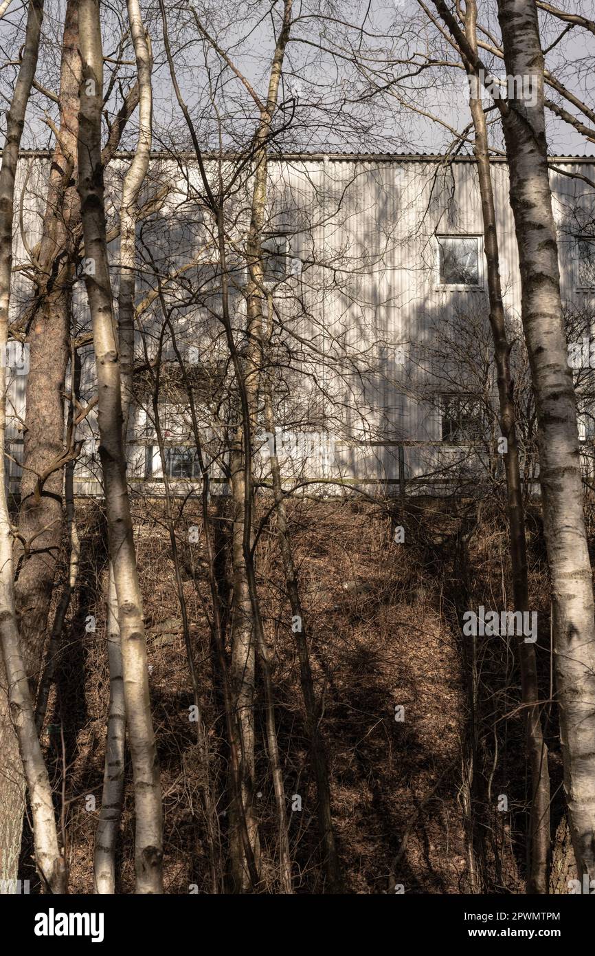 Two storey warehouse behind a small forest Stock Photo - Alamy
