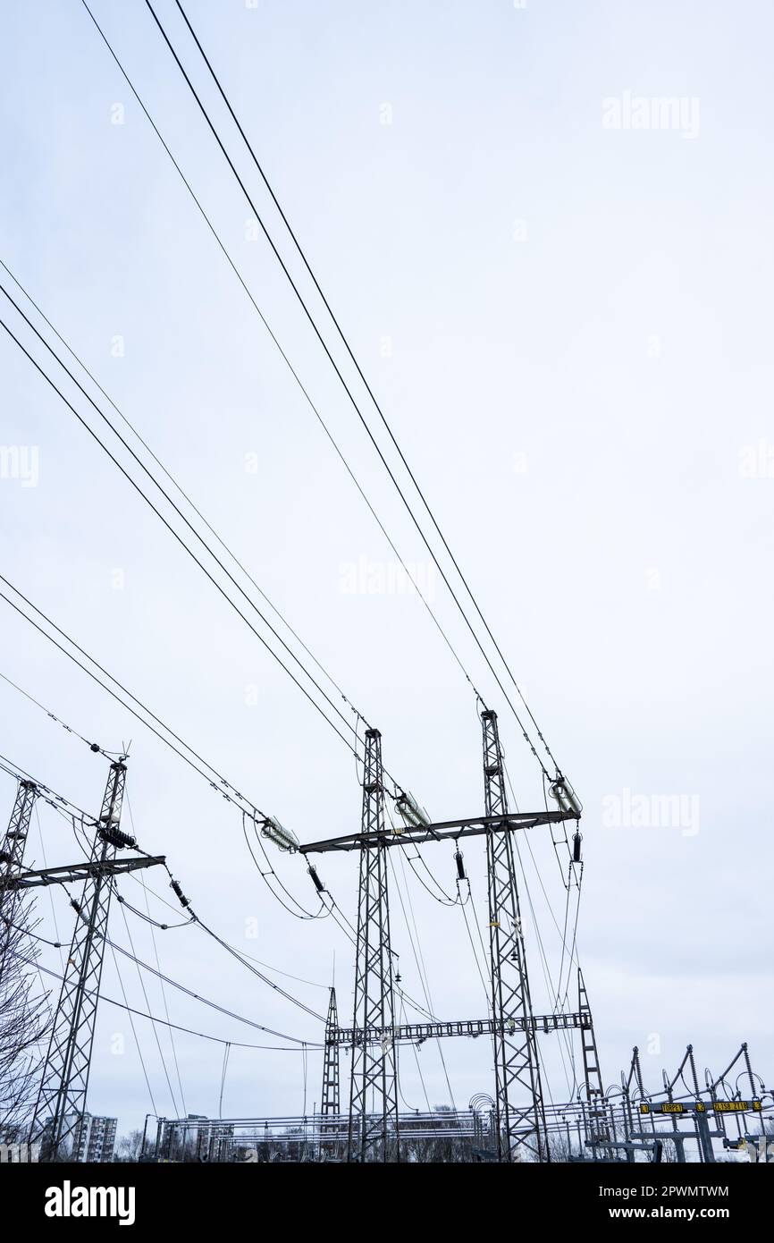 High voltage power lines at a transformer substation Stock Photo - Alamy